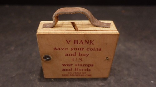 VINTAGE & COLLECTIBLE WOOD BANK - WW2 ERA "V" BANK...SAVE YOUR COINS ...