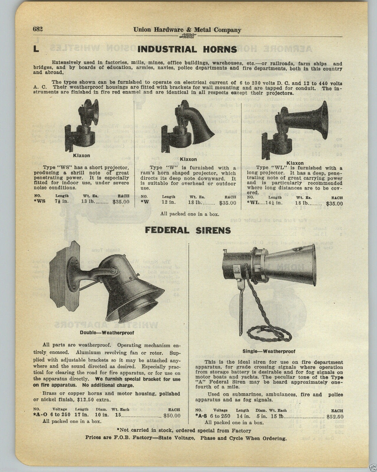 1930 PAPER AD Federal Sirens Double Horn Klaxon Industrial Horns ...
