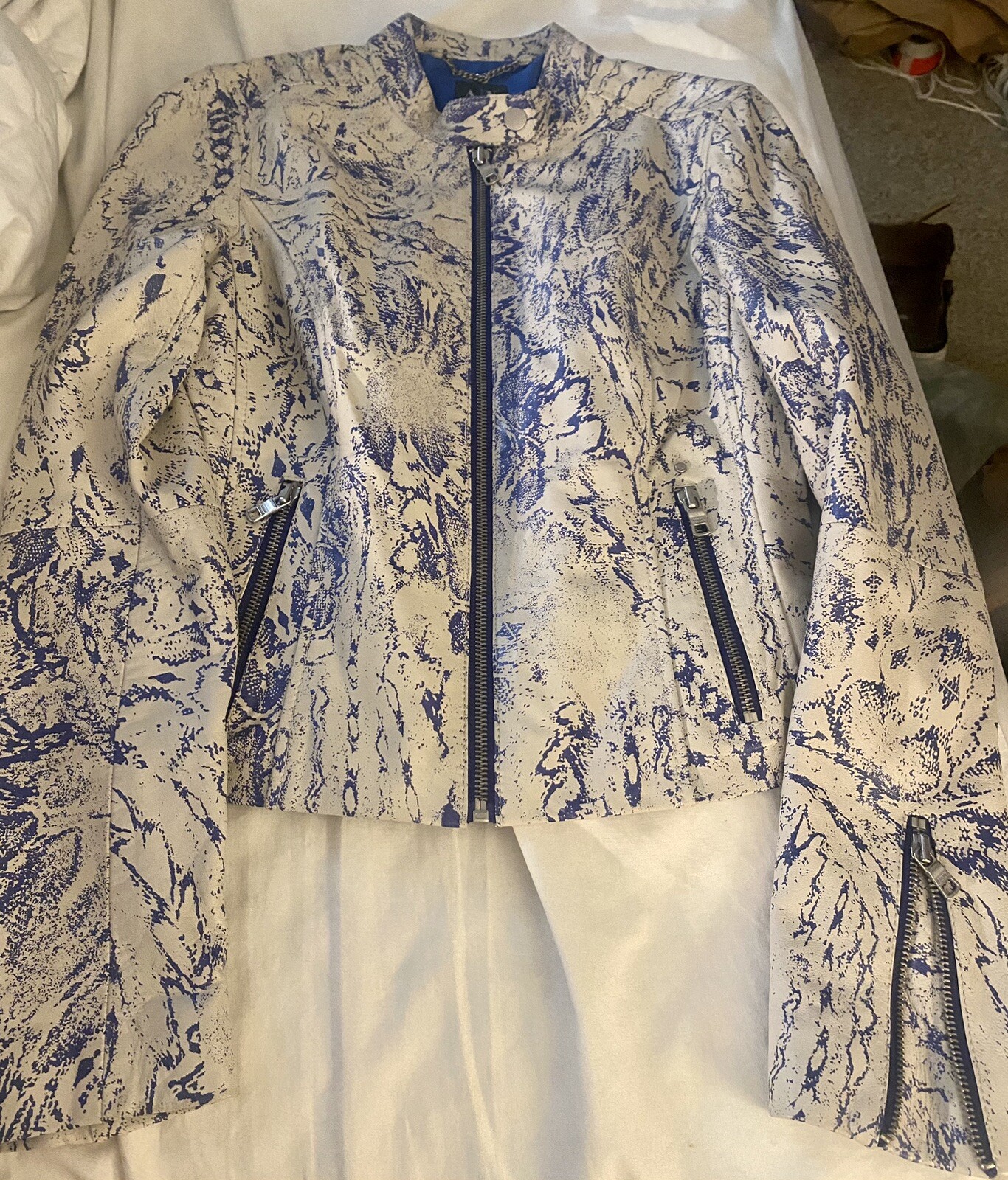 Armani Exchange snake print leather fitted jacket Blu… - Gem