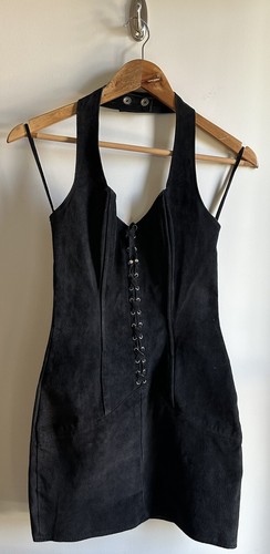 Brazen Vintage 80’s Black Bodycon Suede Halter Mini Sweetheart Lace Up ...