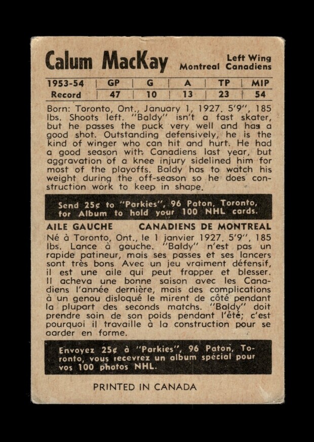 1954-55 Parkhurst Set-Break # 11 Calum MacKay VG-VGEX (crease) *GMCARDS ...