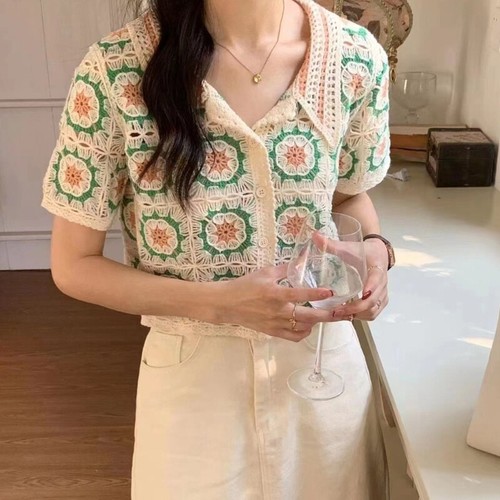 Knit Cardigan Top for Women Short Sleeve Crochet Embroidery Geometric ...