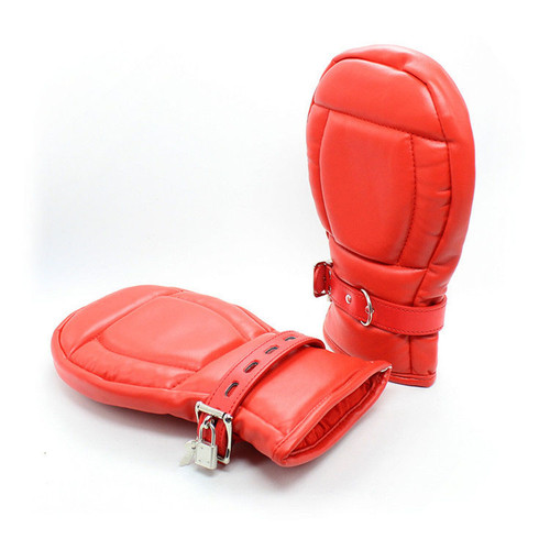 Unisex Red Leather Mittens Gloves Paw Palm Fist Mitts Restraints ...