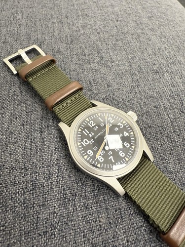 Hamilton Khaki Field Mechanical 38mm Watch Black Dial Green NATO Strap ...