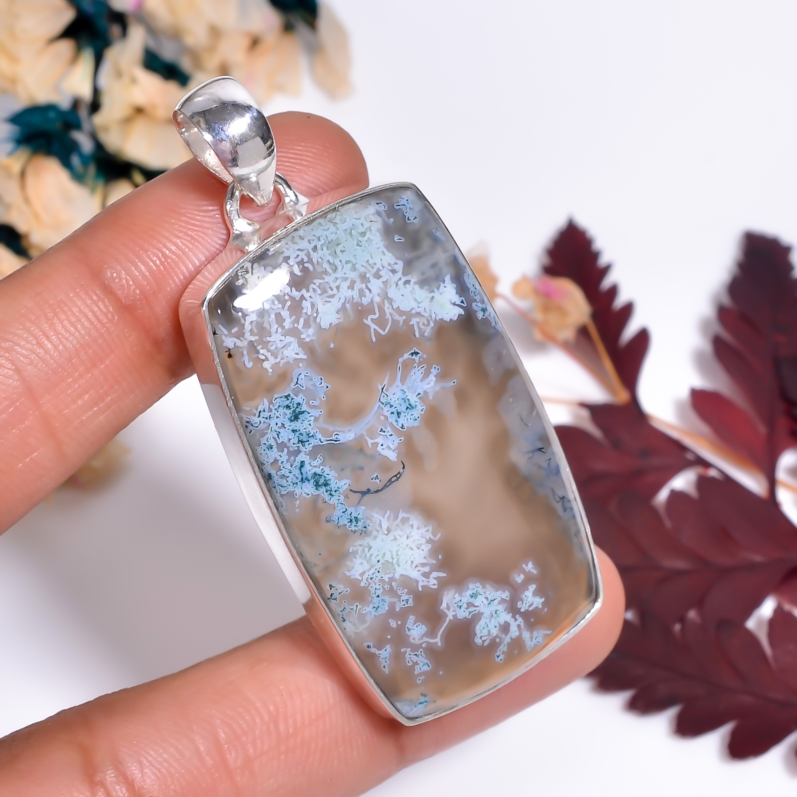 Moss Agate Gemstone Ethnic Handmade Jewelry.925 Silver Pendant 2.1" GSR ...