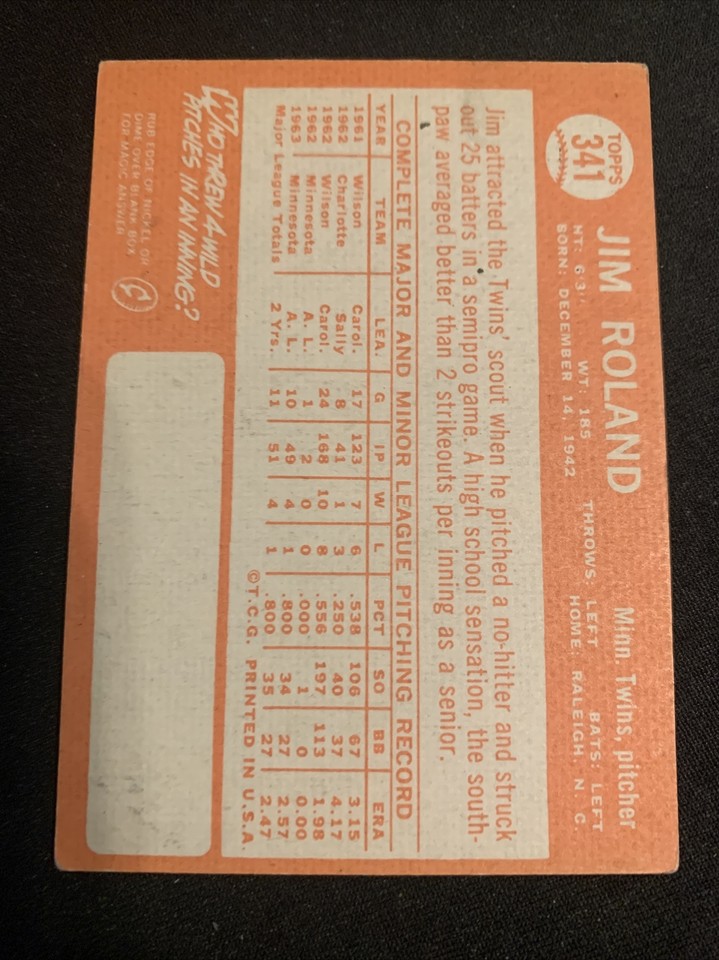 1964 Topps Baseball Card #341 Jim Roland Minnesota Twins Nm Free ...