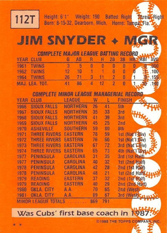 1988 Topps Traded #112T Jim Snyder NM-MT Mariners MG | eBay