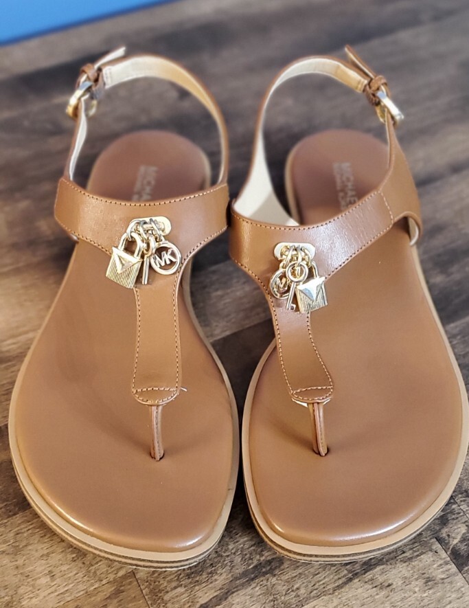 Michael Kors MK Plate Charm Thong Brown Leather Sanda… - Gem