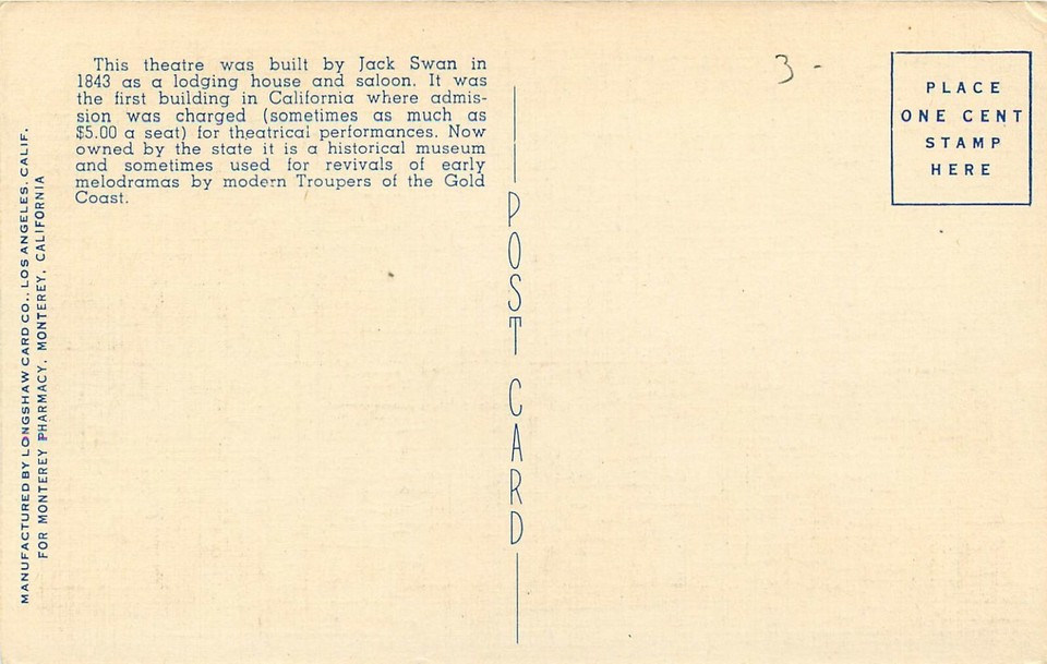 Linen Postcard CA E331 First American Theatre in California Monterey ...