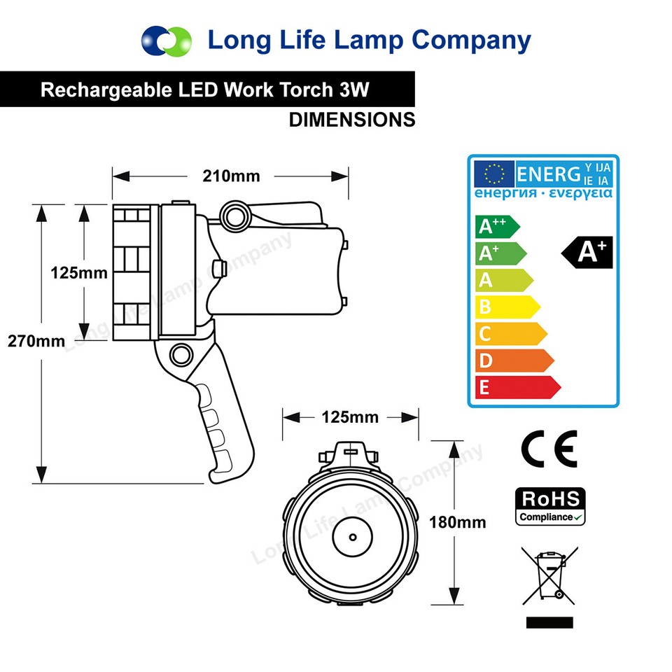 Rechargeable 3W LED Work Light Torch 3 Million Candle Power Spotlight ...