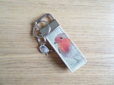 ROBIN KEY FOB KEYRING KEY HOLDER CHARM COTTON LINEN LOOK FABRIC IDEAL ...