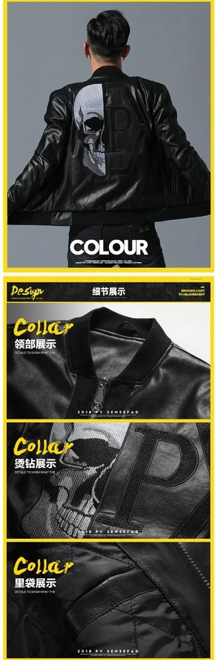 New Luxury Skull Rhinestones Leather Men Black Jacket High Quality ...