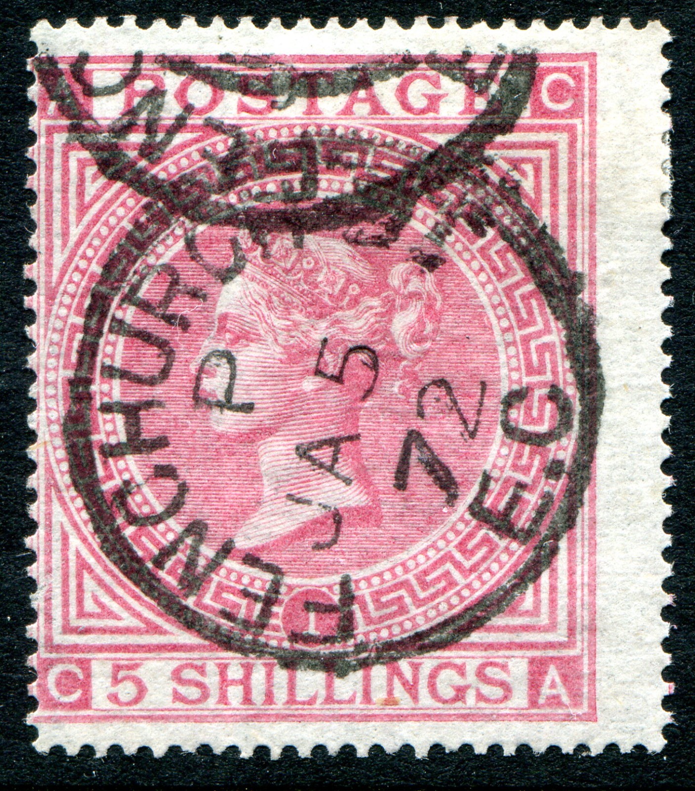 (218) VERY FINE USED SG126 QV 5/- ROSE PLATE 1 "FENCHURCH St" CDS 5 JA ...