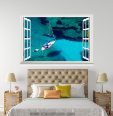 3D Boat Blue River 58 Open Windows Mural Wall Print Decal Deco AJ ...