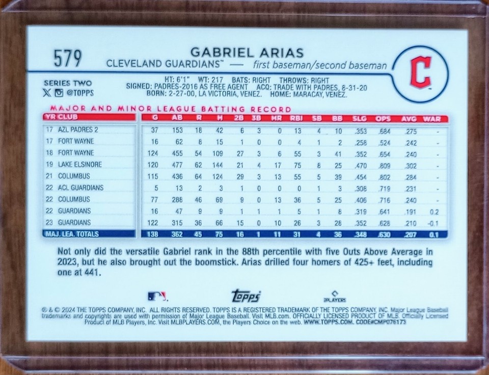Gabriel Arias 2024 Topps Yellow Foil Parallel #579 Cleveland Guardians ...