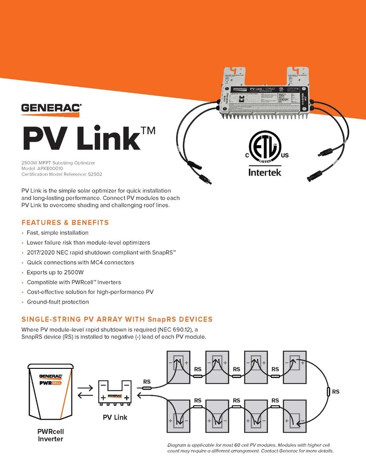 Generac S2502 PV Link Photovoltaic Substring Optimizer APKE00010 | eBay