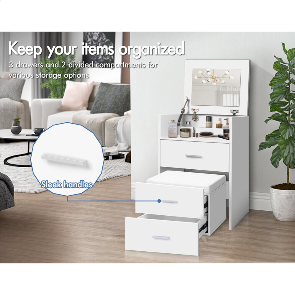 ALFORDSON Dressing Table Stool Set 2-In-1 Makeup Mirror Storage Desk ...