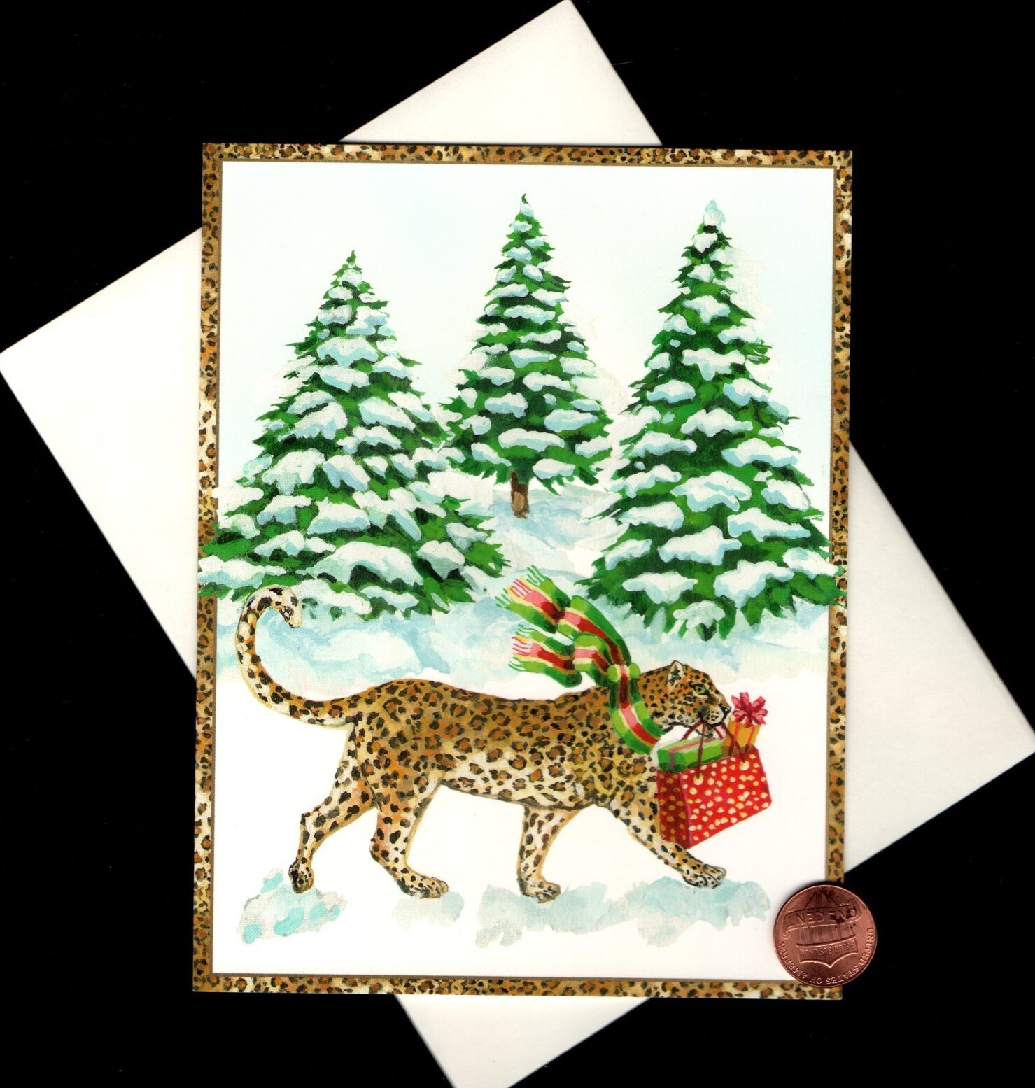 HTF CASPARI Christmas Leopard Spots Tree Scarf Presents - Greeting Card ...