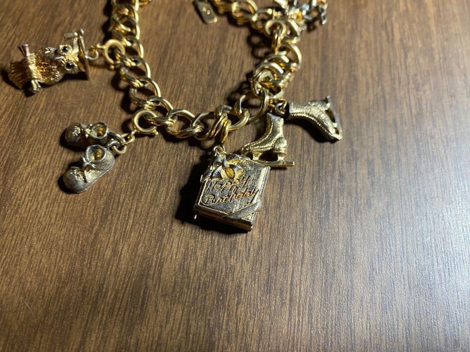 Vintage MONET Gold Tone Dangle Charm Owl Book Shoe Angel Skates ...