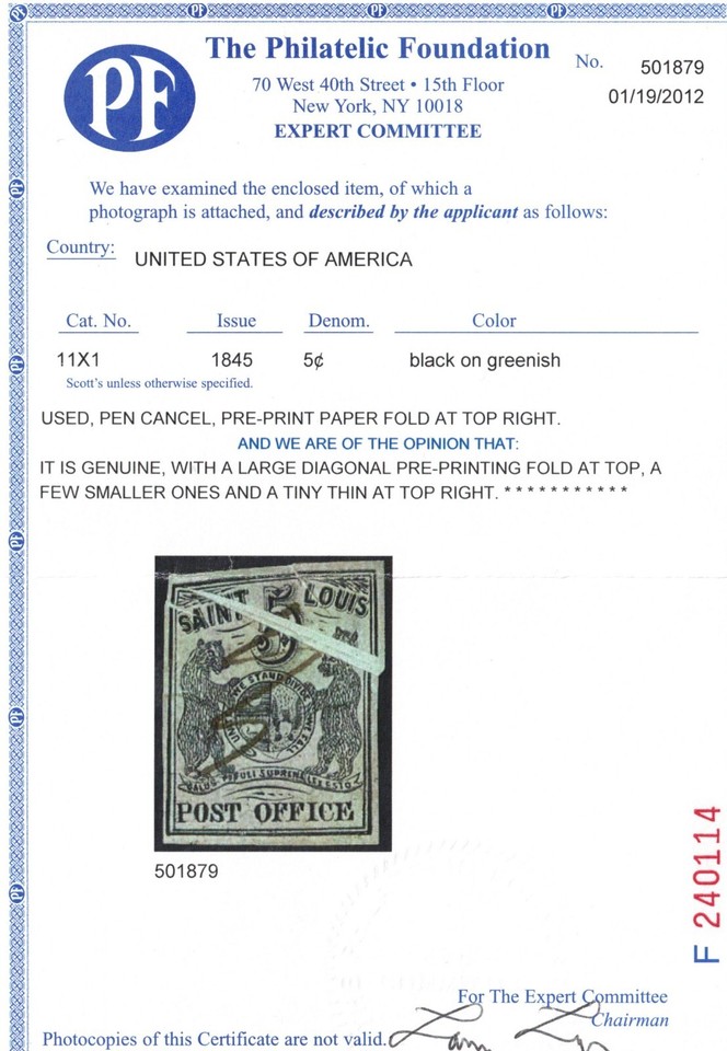 USA #11X1 Very Fine Used Pre Printing Paper Fold - Tiny Thin At Upper ...