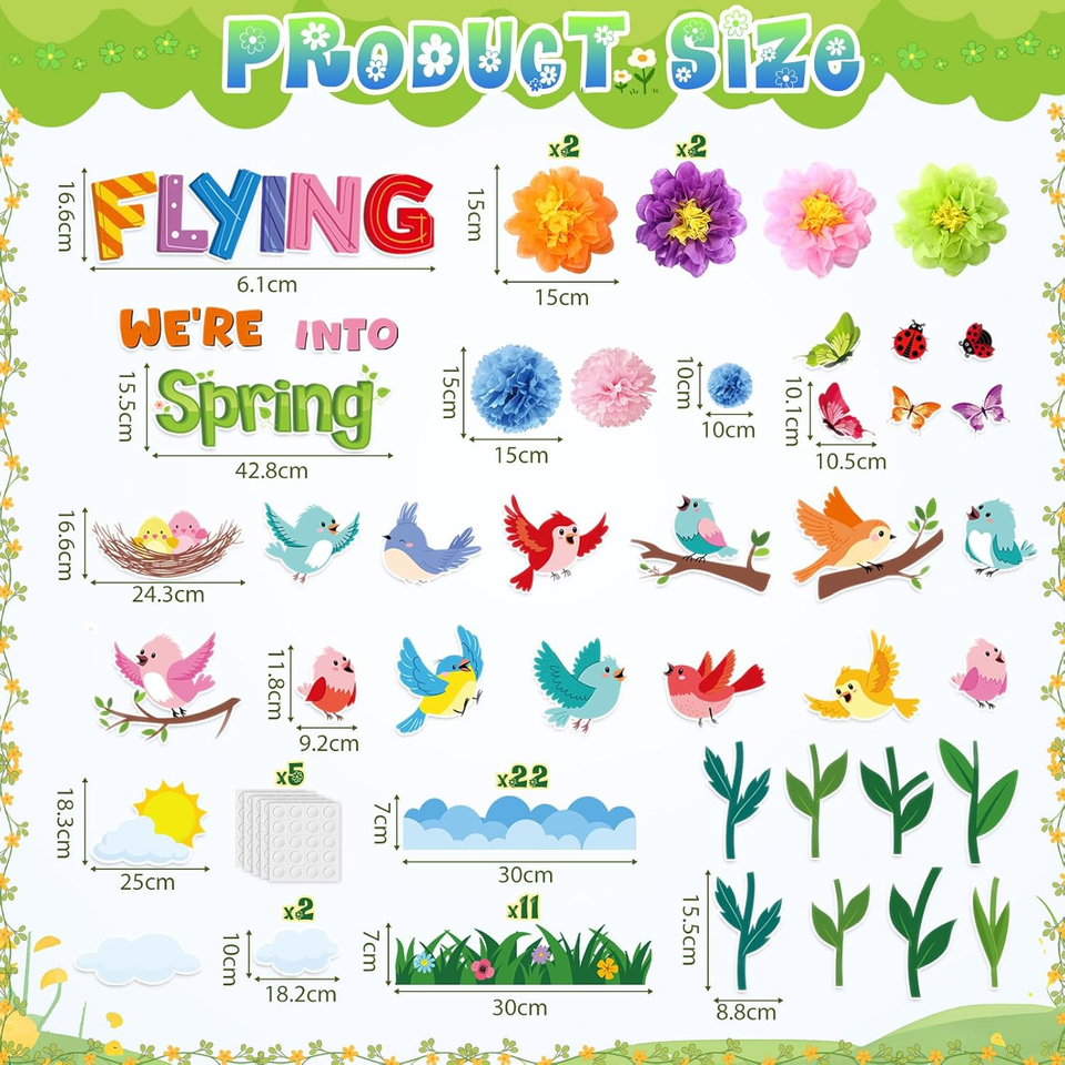82 Pcs We'Re Flying into Spring Bulletin Board Set Spring Floral Bird ...