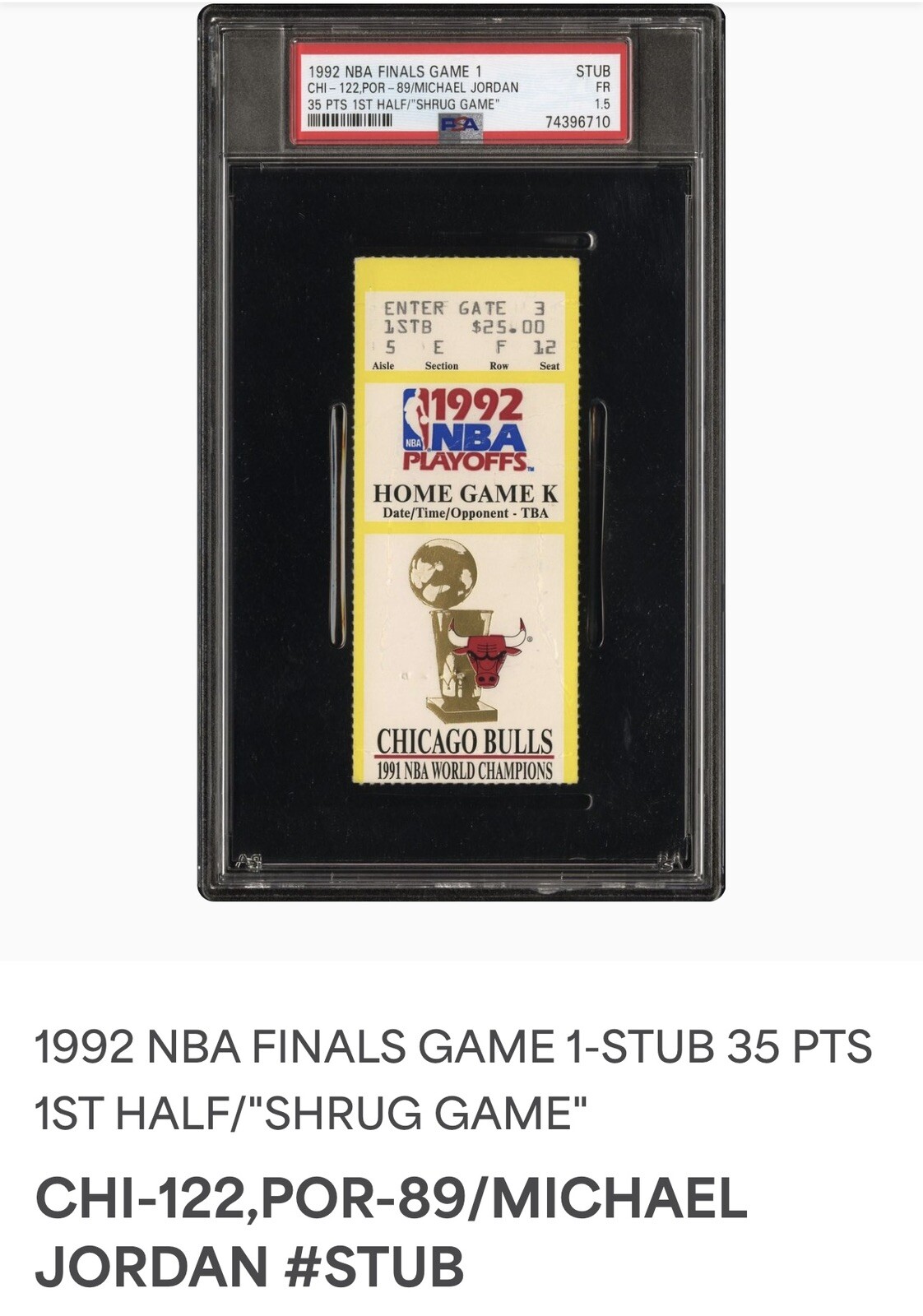 MICHAEL JORDAN “SHRUG GAME” TICKET STUB 1992 NBA FINALS GAME 1 (6) 3PT ...