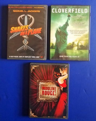 M Lot of 3 DVD MOVIES Snakes on a Plane CLOVERFIELD Moulin Rouge Action ...