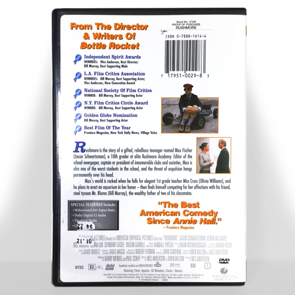 Rushmore (DVD, 1998, Widescreen) Like New ! Bill Murray Jason ...