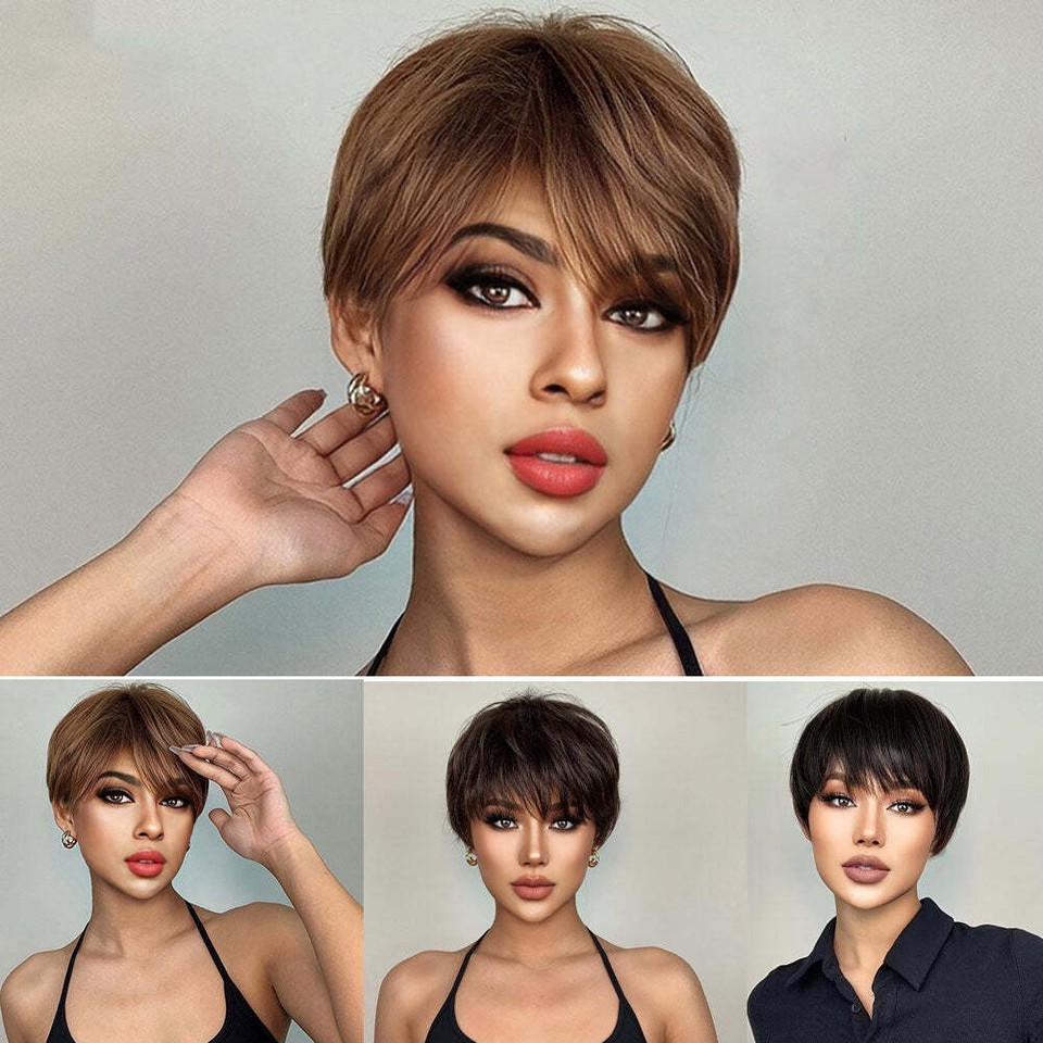 Short Pixie Cut Wigs Natural Straight Layered Wig w/ Fluffy Bangs Heat ...
