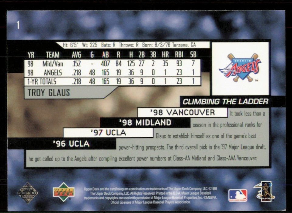 1999 UPPER DECK TROY GLAUS RC ANAHEIM ANGELS #1 EXMT-NM | eBay