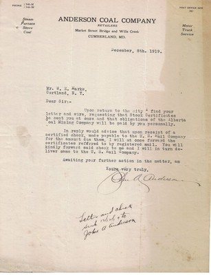 1919 Anderson Coal Company Typed Letter Cumberland MD Signed Ephemera ...