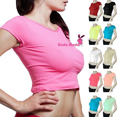 Sexy Basic Cropped Top Solid Plain Round Neck Short Sleeve Belly T ...