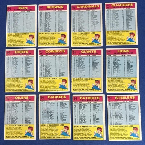 1974 Topps Football Team Checklist ** 12 Card Lot Low/Mid Grade Good-VG ...