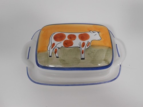 EDDIE BAUER Ceramic Covered Butter/Cheese Dish. Cow Design. Made in ...