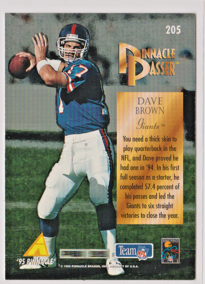 Dave Brown New York Giants QB 1995 Pinnacle PASSER Card # 205 Near-Mint ...