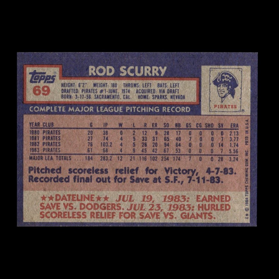 Rod Scurry 1984 Topps Pittsburgh Pirates #69 R320C 74 | eBay