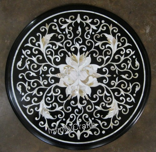 15 Inches Round Stone Bed Side Table for Bedroom MOP Inlay Work Coffee ...