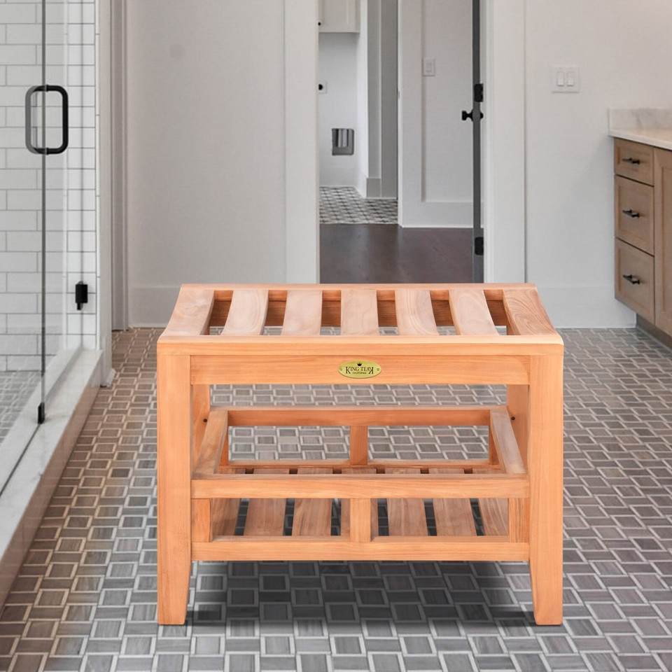 2-Tier Teak Shower Bench Stool with Storage Shelf Shower Bath Seat for ...