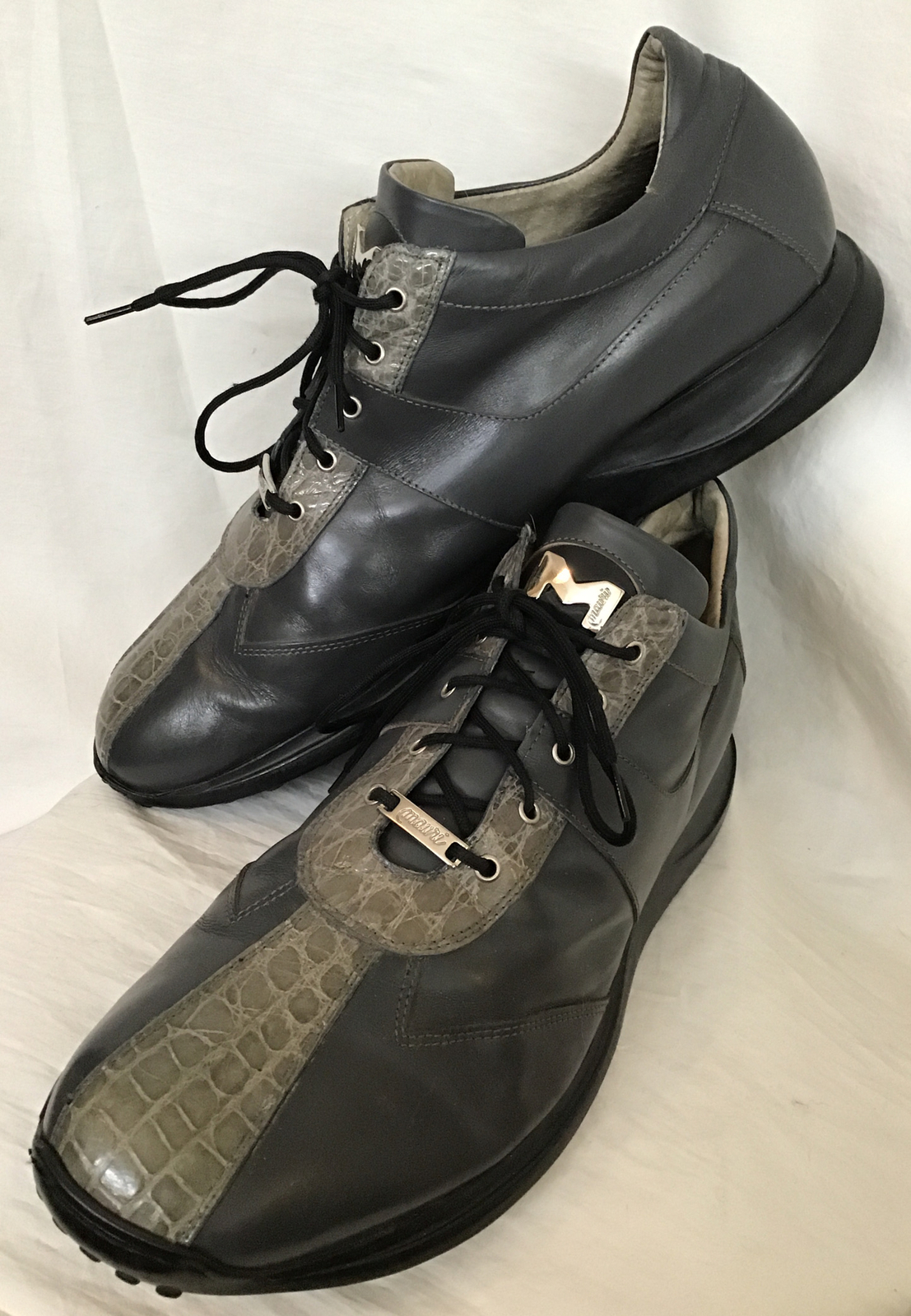 mauri men Sneakers Gray Leather Gray Alligator Trim Lace Up Silver M ...