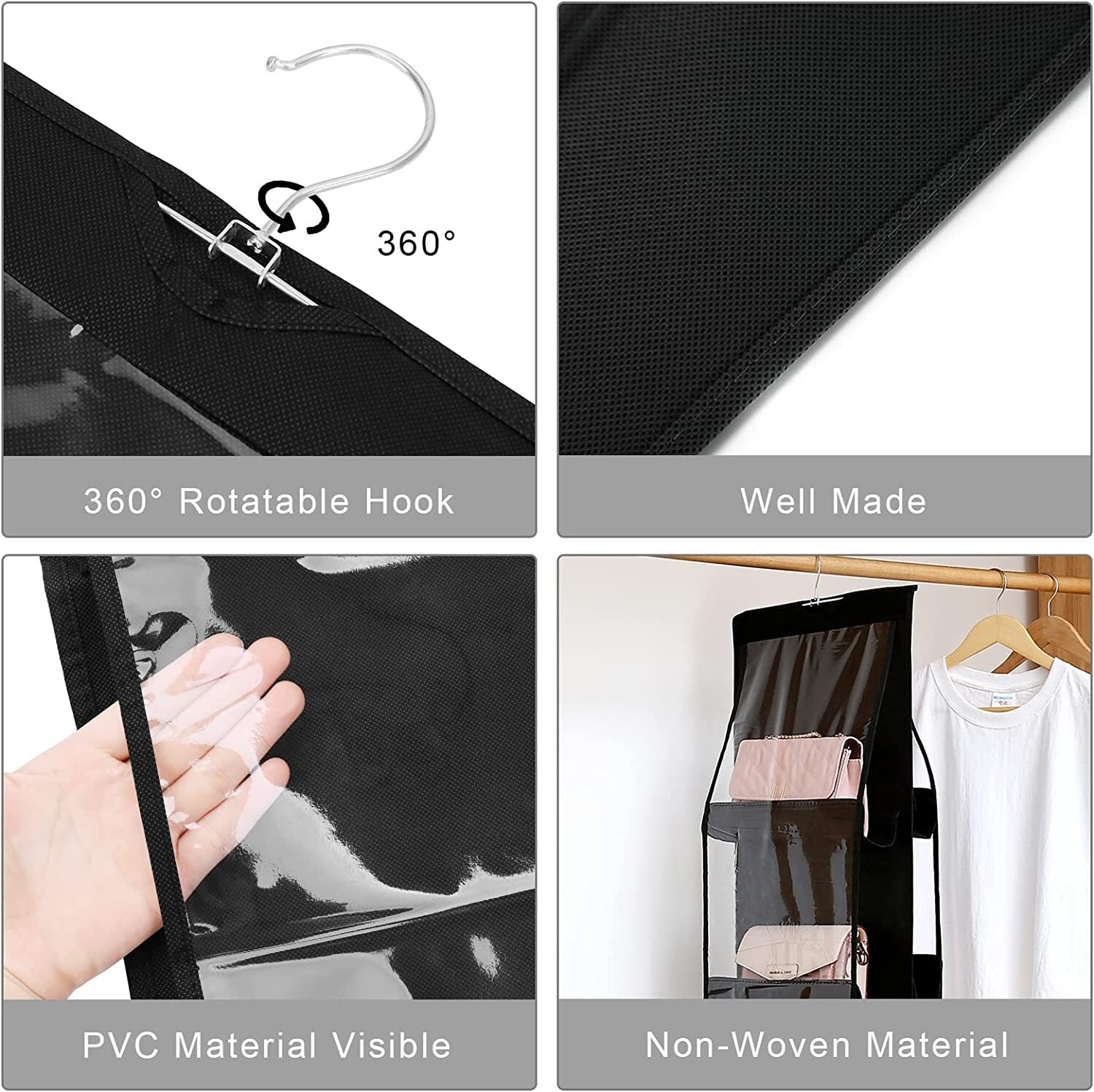 1 Black Handbag and Purse Organizer Rack Closet Display 6 Pocket ...