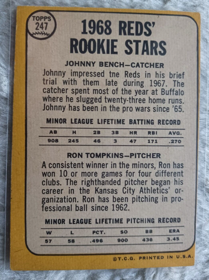 1968 Topps Johnny Bench Ron Tompkins 1968 Rookie Stars RC #247-ERR ...