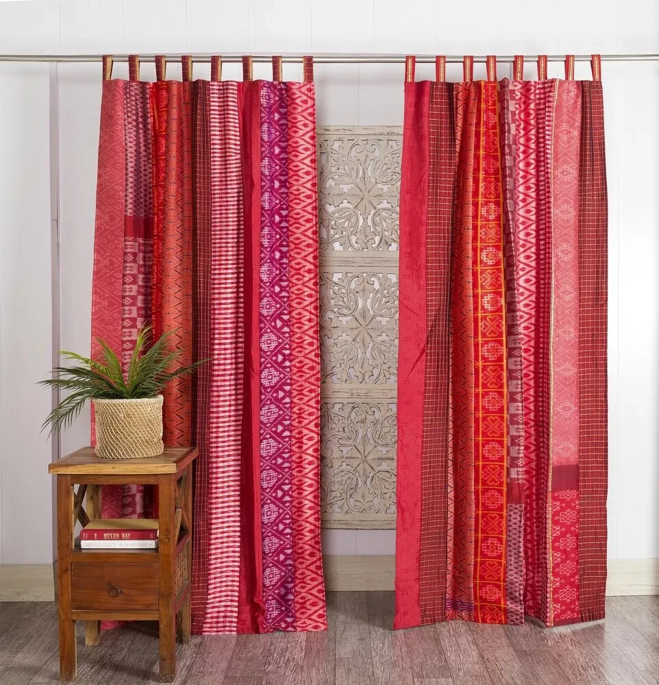 4 Pcs Indian Sari Patchwork Curtain Drape Window Decor Multi Silk Sari ...