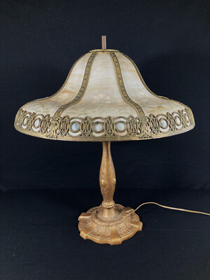 RARE SIGNED CHICAGO MOSAIC SHADE CO. TABLE LAMP W/ LARGE GLASS SHADE ...