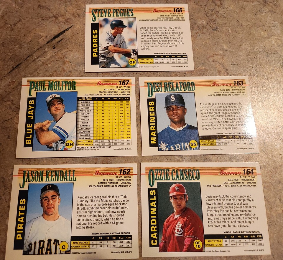 1993 Bowman Jason Kendall Desi Relaford, Ozzie Conseco Paul Molitor ...