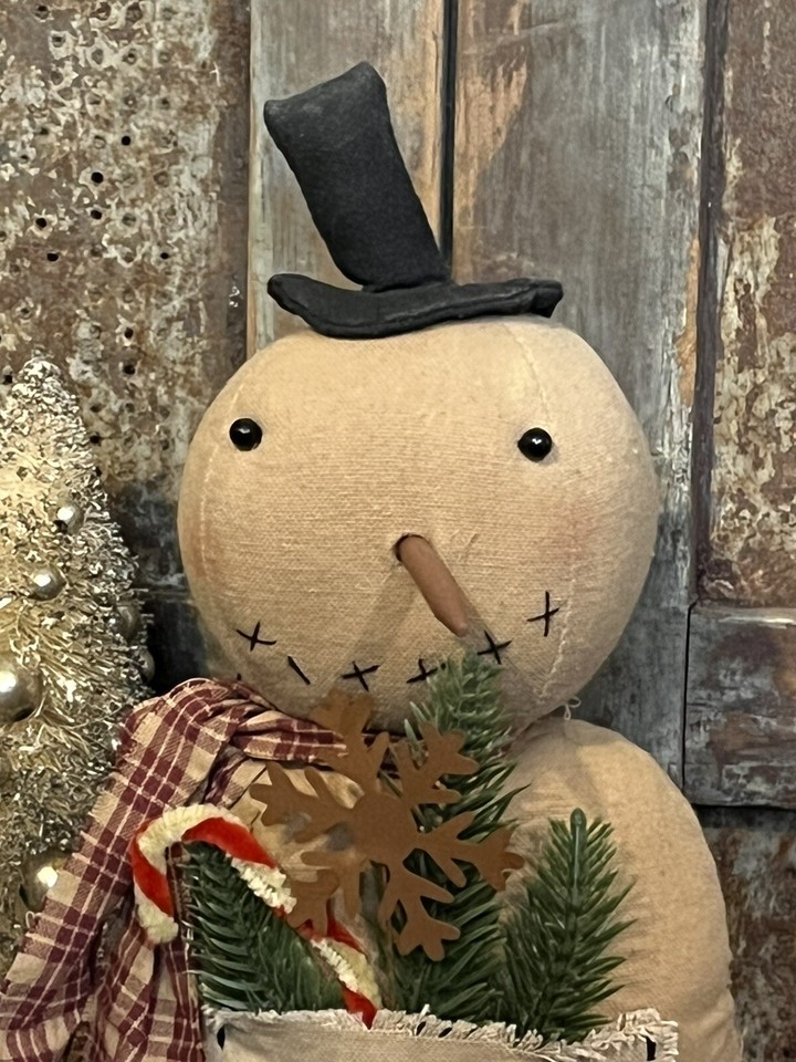 Grubby Primitive Rustic Christmas SNOWMAN w Let It Snow Pocket Stump ...