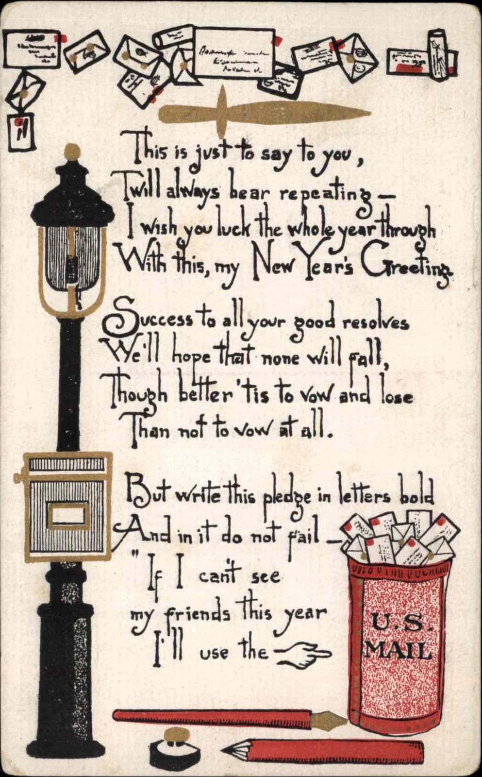 New Year Art Deco Lamppost U.S. Mail Mailbox Fountain Pen c1910 PC | eBay