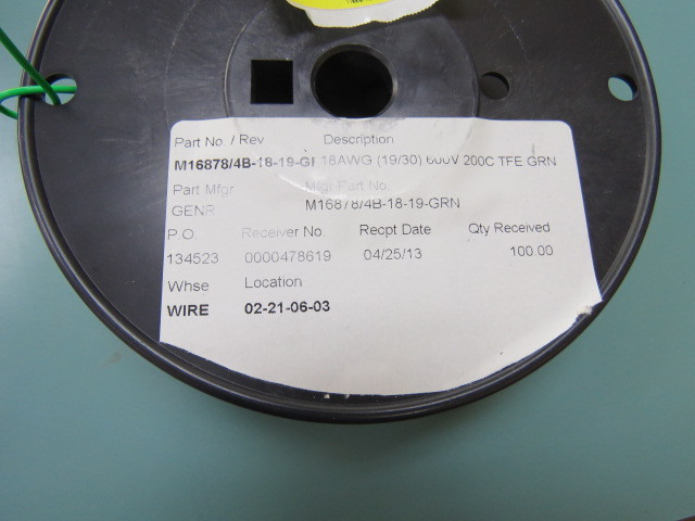 MIL-SPEC M16878/4B-18-19-GRN per Lot 18AWG (19/30) 600V 200C TFE GREE ...