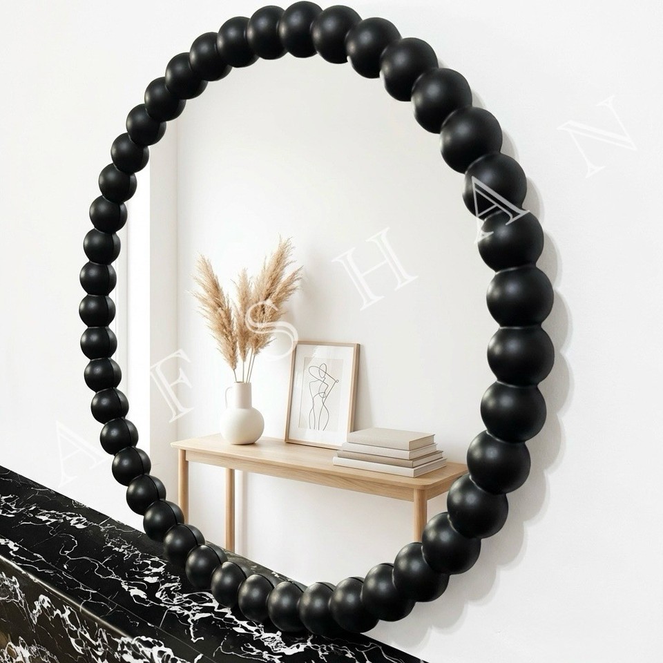65cm Large Black Round wall Mirror Beaded Frame Boho Accent Wall ...