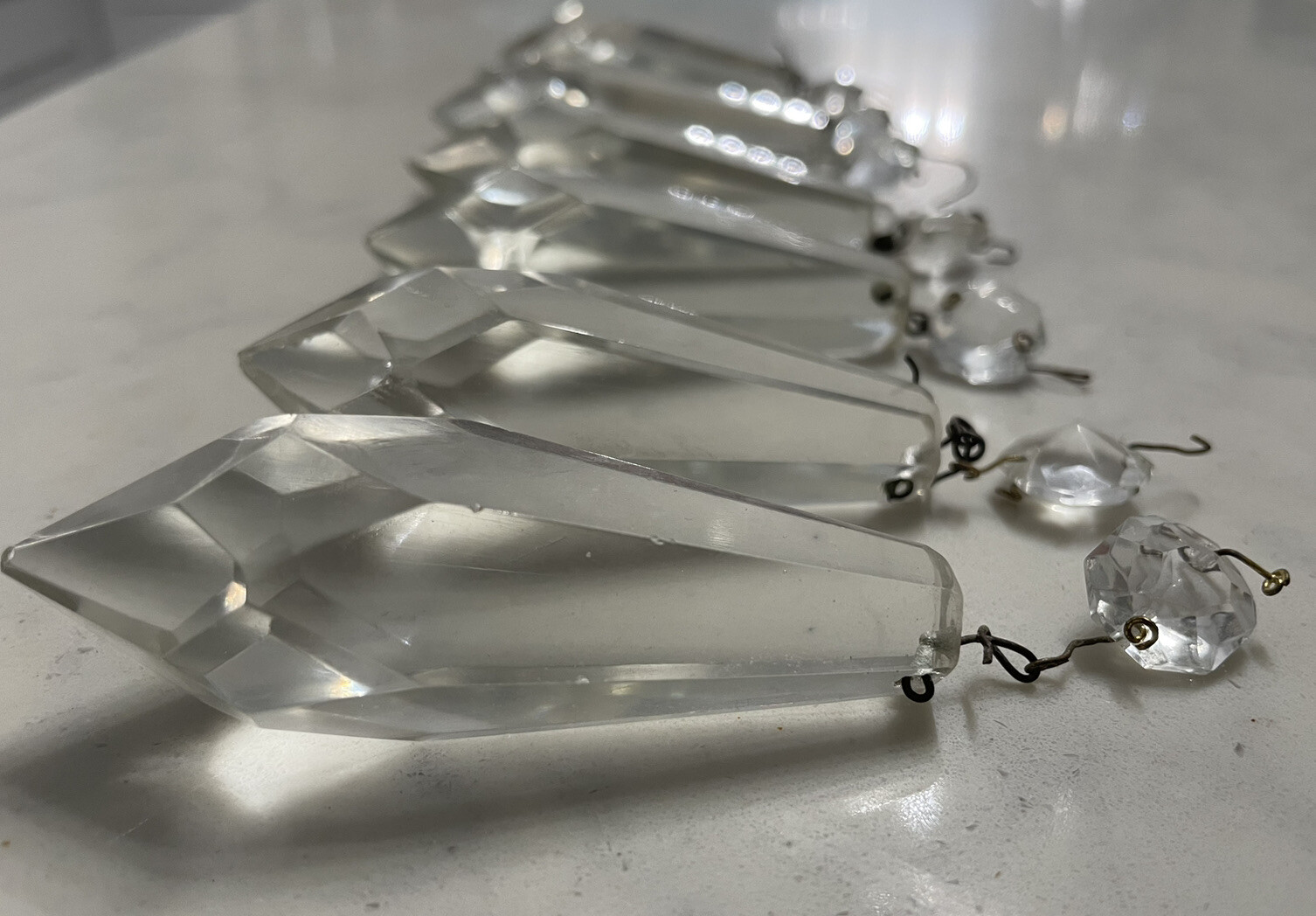 7 rare large 3" VINTAGE CHANDELIER CRYSTAL DROP GLASS PRISMS w/ octagon ...