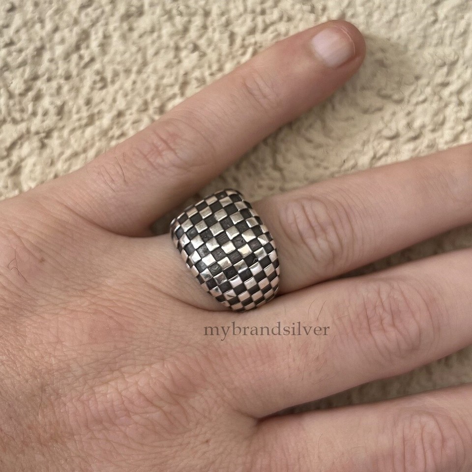 Solid 925 Sterling Silver Turkish Jewelry Checkered Men's Ring All Size ...